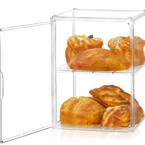 HBlife 2 Pcs Clear Large Bread Box Holder for Kitchen Countertop Double Layer Stackable Bakery Storage Container Acrylic Counter Pastry Keeper for Bread, Bagel, Muffins, Rolls