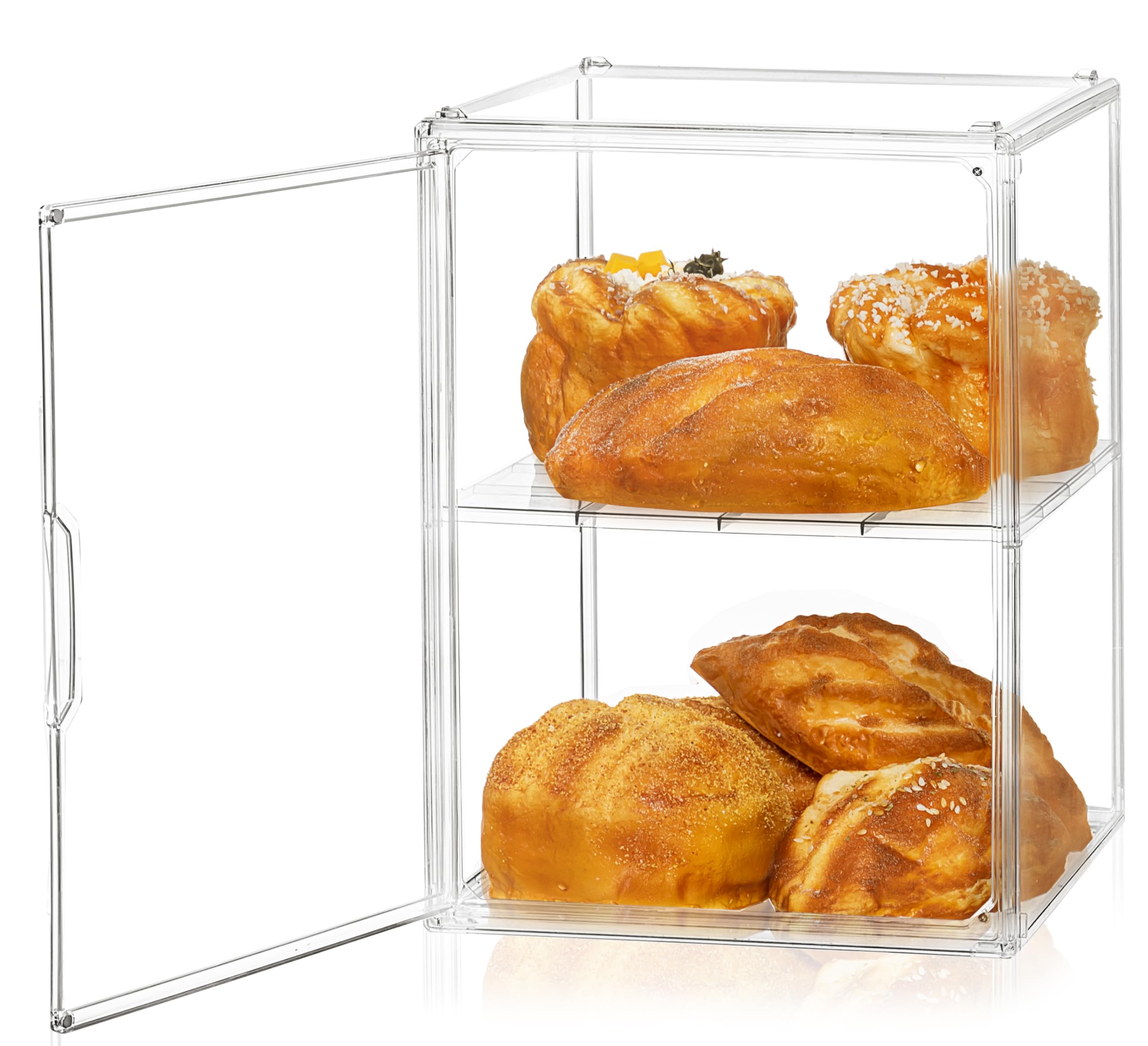 HBlife 2 Pcs Clear Large Bread Box Holder for Kitchen Countertop Double Layer Stackable Bakery Storage Container Acrylic Counter Pastry Keeper for Bread, Bagel, Muffins, Rolls