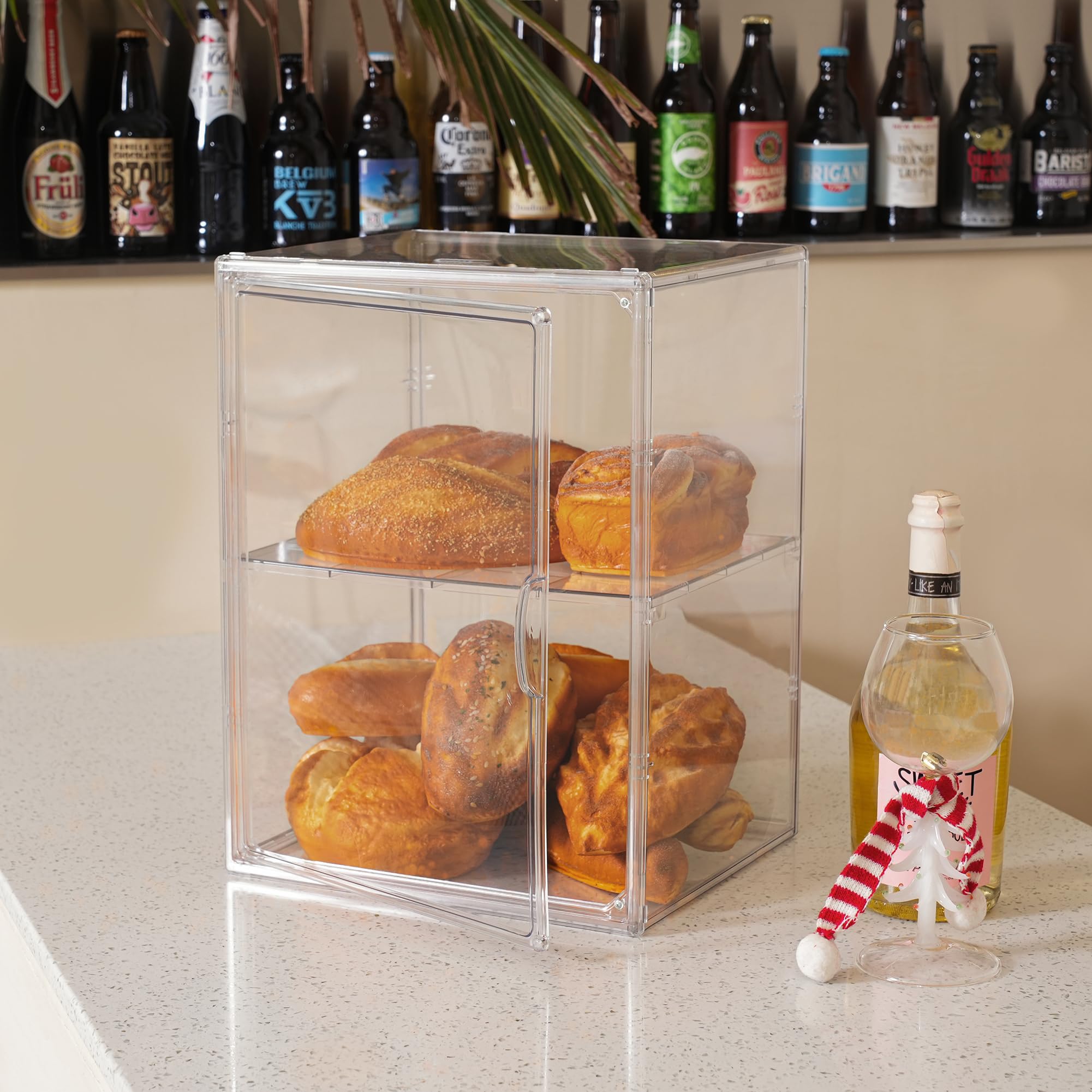 HBlife 2 Pcs Clear Large Bread Box Holder for Kitchen Countertop Double Layer Stackable Bakery Storage Container Acrylic Counter Pastry Keeper for Bread, Bagel, Muffins, Rolls