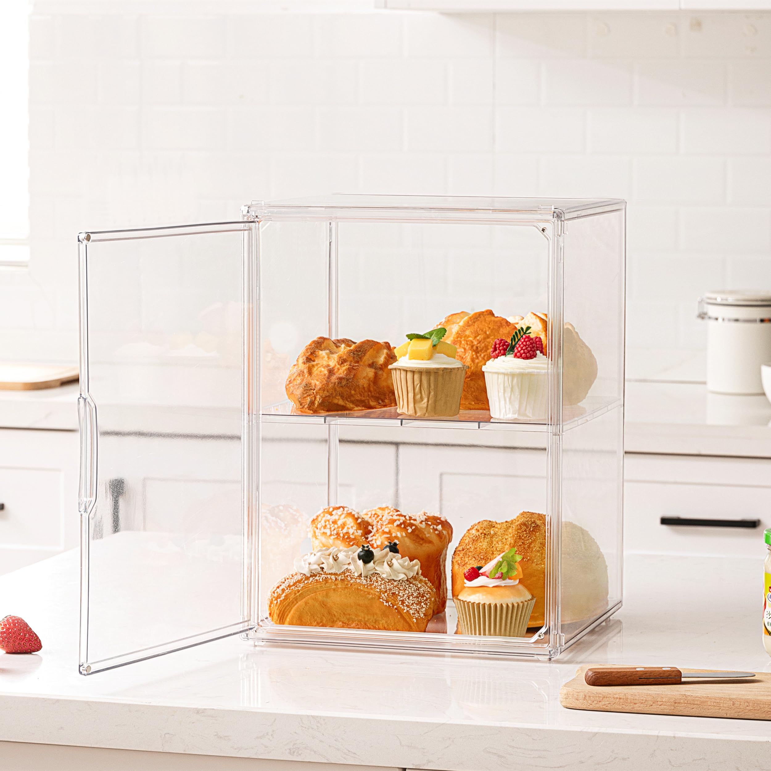 HBlife 2 Pcs Clear Large Bread Box Holder for Kitchen Countertop Double Layer Stackable Bakery Storage Container Acrylic Counter Pastry Keeper for Bread, Bagel, Muffins, Rolls