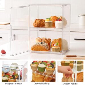 HBlife 2 Pcs Clear Large Bread Box Holder for Kitchen Countertop Double Layer Stackable Bakery Storage Container Acrylic Counter Pastry Keeper for Bread, Bagel, Muffins, Rolls