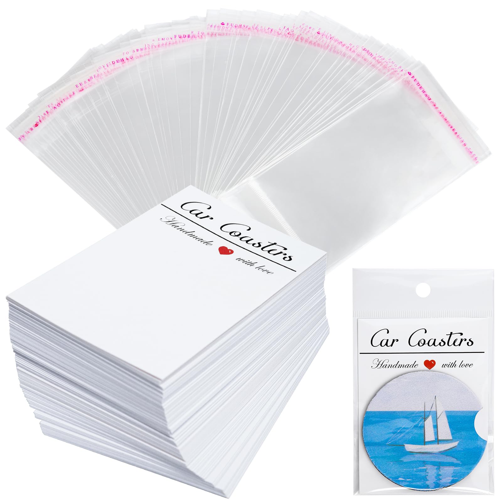 GFPGYQ 50Pcs Car Coaster Packaging for Selling,Sublimation Car Coasters with 50Pcs Bags，Car Coaster Packaging ，Coasters Display Cards 6.8x2.85In，Compatible with Coasters Up to 2.75" in Diameter