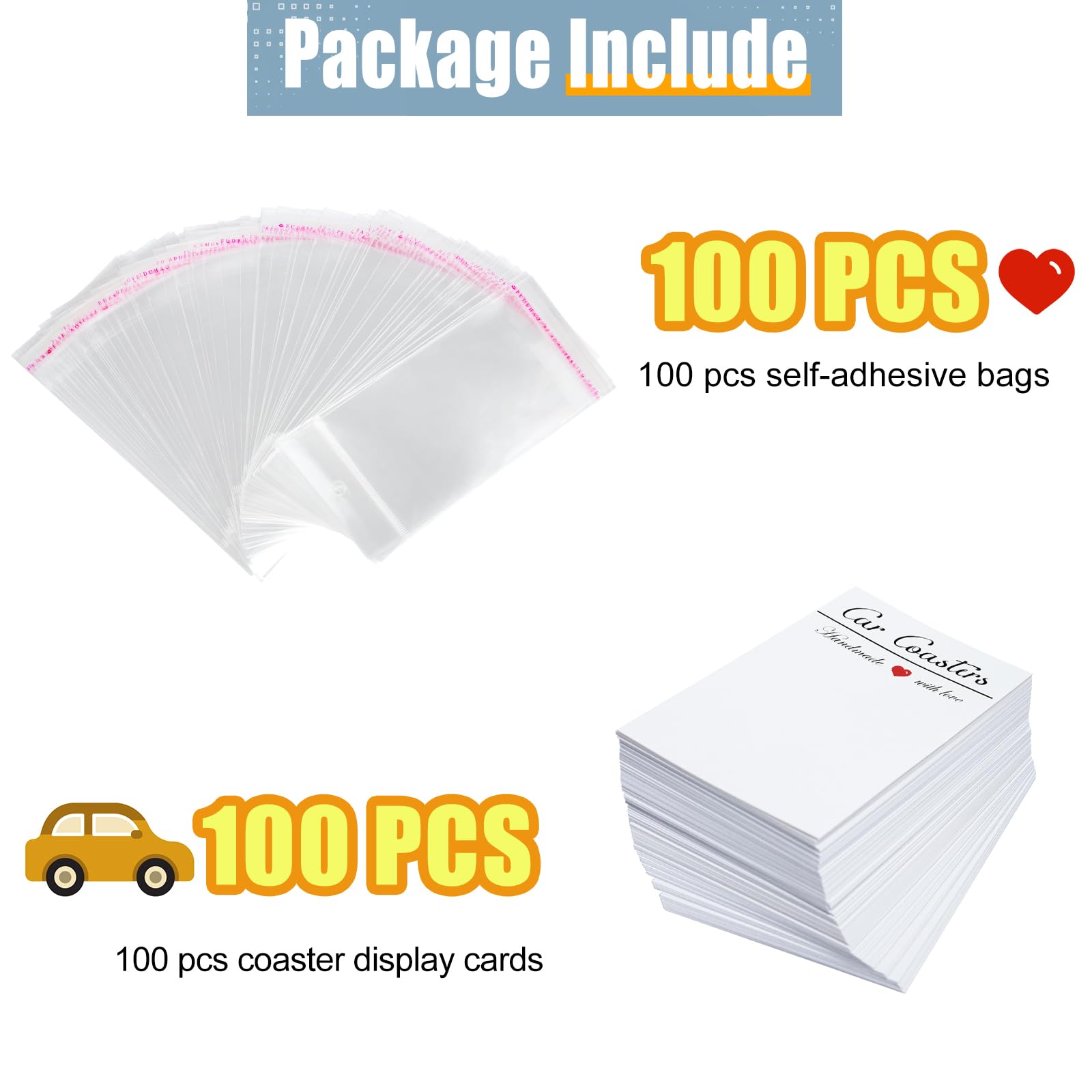 GFPGYQ 50Pcs Car Coaster Packaging for Selling,Sublimation Car Coasters with 50Pcs Bags，Car Coaster Packaging ，Coasters Display Cards 6.8x2.85In，Compatible with Coasters Up to 2.75" in Diameter