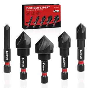 ezarc countersink drill bit set for metal, 5pcs countersunk bits 82 degree 5 flute, 1/4” 3/8” 1/2” 5/8” 3/4”, 1/4 inch hex shank countersunk bit set