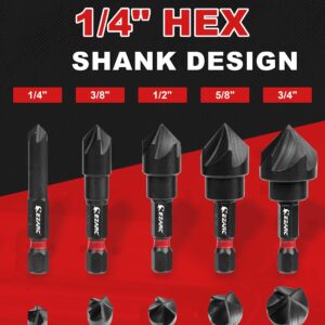 EZARC Countersink Drill Bit Set for Metal, 5PCS Countersunk Bits 82 Degree 5 Flute, 1/4” 3/8” 1/2” 5/8” 3/4”, 1/4 Inch Hex Shank Countersunk Bit Set