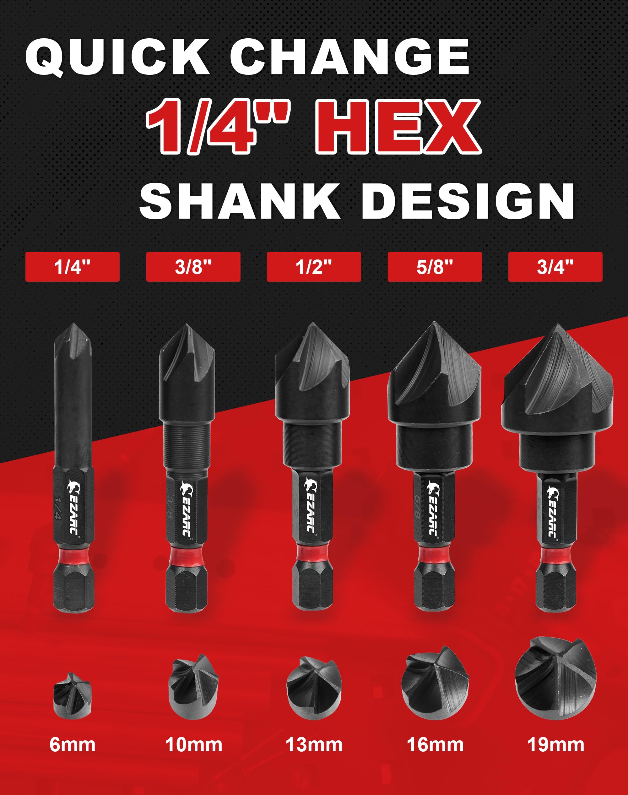 EZARC Countersink Drill Bit Set for Metal, 5PCS Countersunk Bits 82 Degree 5 Flute, 1/4” 3/8” 1/2” 5/8” 3/4”, 1/4 Inch Hex Shank Countersunk Bit Set