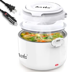 aotto electric lunch box, 50/70/80w 3 in 1 portable food warmer heated lunch boxes for adults, food heater for car/truck/travel/office/work/home 12v 24v 110v mini 32oz leakproof, white