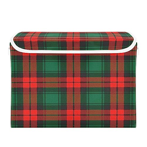 Ollabaky Christmas Plaid Larger Collapsible Storage Bin Fabric Decorative Storage Box Cube Organizer Container Baskets with Lid Handles for Closet Organization, Shelves