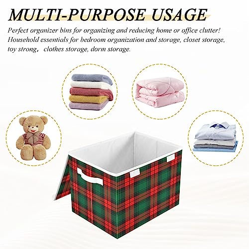 Ollabaky Christmas Plaid Larger Collapsible Storage Bin Fabric Decorative Storage Box Cube Organizer Container Baskets with Lid Handles for Closet Organization, Shelves