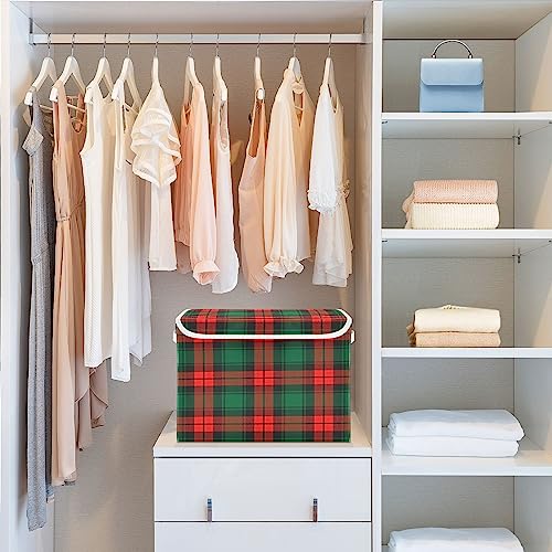 Ollabaky Christmas Plaid Larger Collapsible Storage Bin Fabric Decorative Storage Box Cube Organizer Container Baskets with Lid Handles for Closet Organization, Shelves