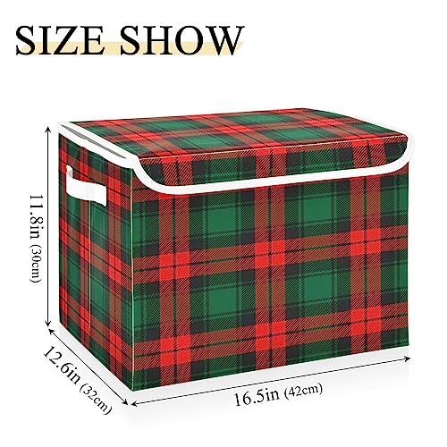 Ollabaky Christmas Plaid Larger Collapsible Storage Bin Fabric Decorative Storage Box Cube Organizer Container Baskets with Lid Handles for Closet Organization, Shelves