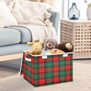 Ollabaky Christmas Plaid Larger Collapsible Storage Bin Fabric Decorative Storage Box Cube Organizer Container Baskets with Lid Handles for Closet Organization, Shelves