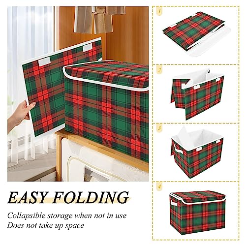 Ollabaky Christmas Plaid Larger Collapsible Storage Bin Fabric Decorative Storage Box Cube Organizer Container Baskets with Lid Handles for Closet Organization, Shelves