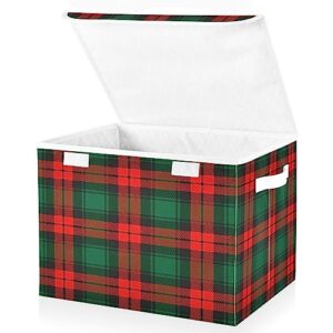 Ollabaky Christmas Plaid Larger Collapsible Storage Bin Fabric Decorative Storage Box Cube Organizer Container Baskets with Lid Handles for Closet Organization, Shelves