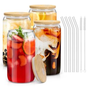 sungwoo glass cups with bamboo lids and straws, 16oz ice coffee cup, drinking cup set with wooden lids, home essential glass tumblers for beer, cocktail, tea and latte clear 4 pack