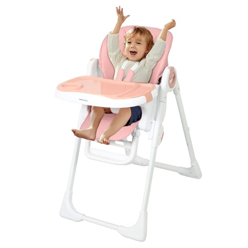 babimoni 4 in 1 Baby High Chair, High Chairs for Babies and Toddlers, Portable Feeding and Eating Seat, Foldable Highchair with 4 Levels of Recline and 7 Levels of Height Adjustment (Pink)