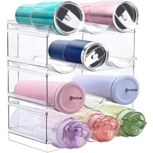 4 pack stackable water bottle organizer- large compartment kitchen organization racks for fridge, pantry and cabinets - plastic storage for tumblers, mugs and cups