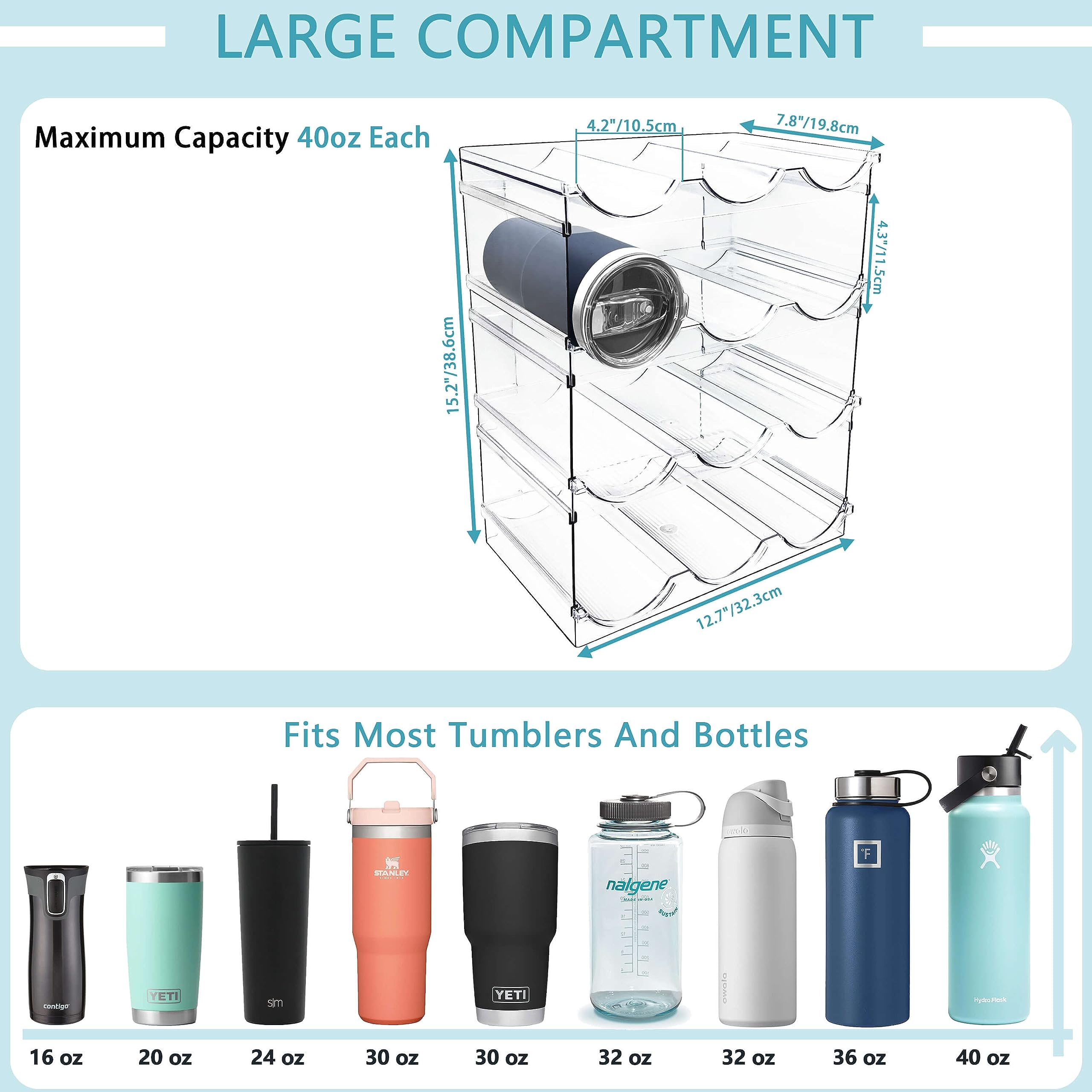 4 Pack Stackable Water Bottle Organizer- Large Compartment Kitchen Organization Racks for Fridge, Pantry and Cabinets - Plastic Storage for Tumblers, Mugs and Cups