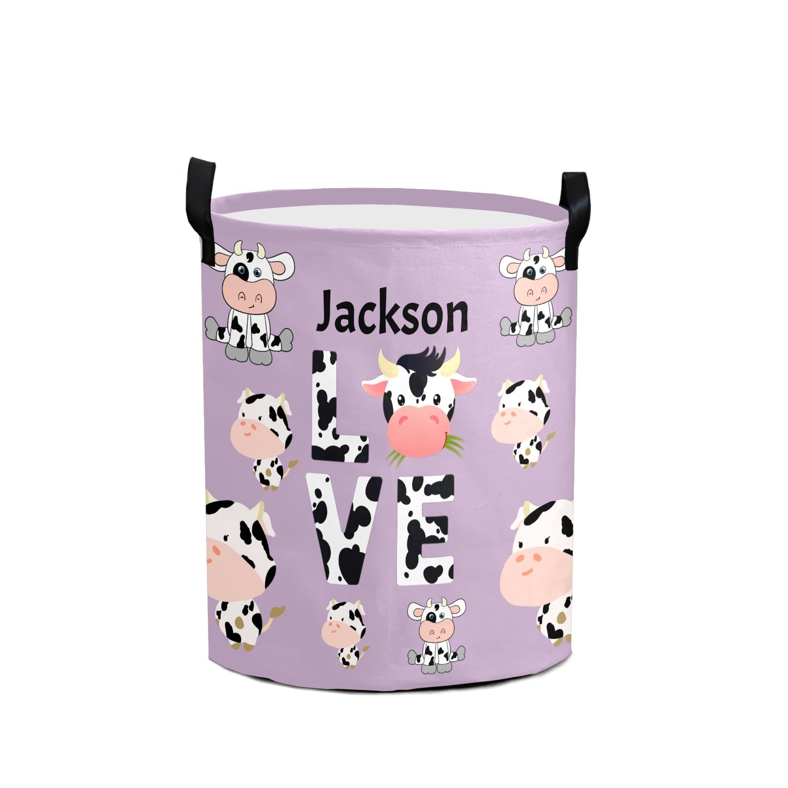 Purple Love Cow Laundry Basket Personalized with Name Laundry Hamper with Handle Organizer Storage Bin Bedroom Decor for Boys Girls Adults