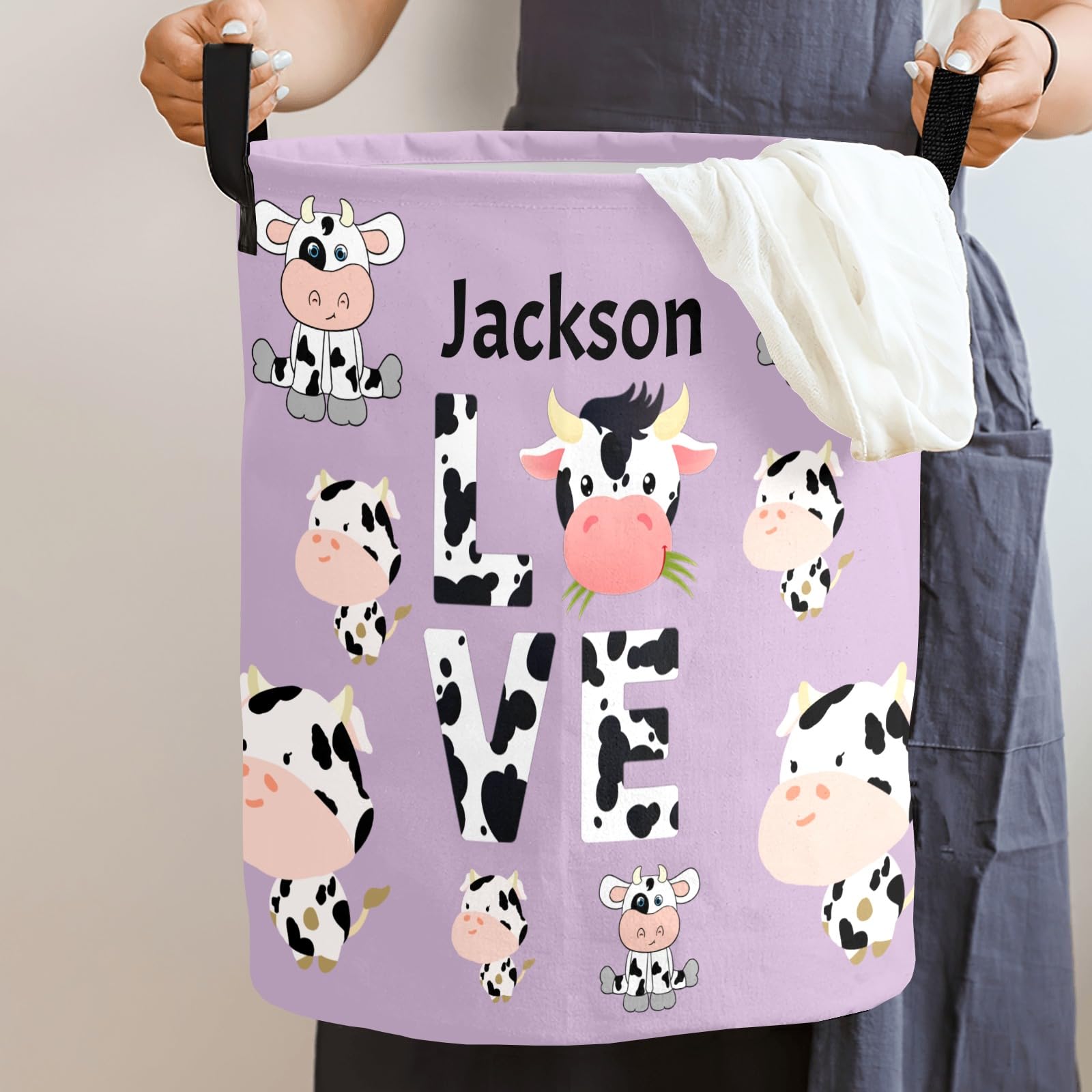 Purple Love Cow Laundry Basket Personalized with Name Laundry Hamper with Handle Organizer Storage Bin Bedroom Decor for Boys Girls Adults