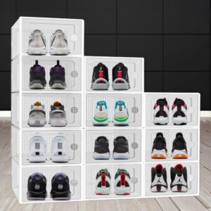 Hourleey 12 Pack Large Shoe Organizer Storage Box, Clear Plastic Stackable Shoe Organizer Containers for Closet, Space Saving Foldable Shoe Rack Sneaker Containers Holders with Lids