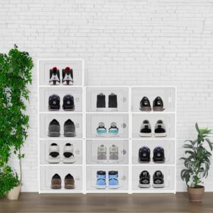 Hourleey 12 Pack Large Shoe Organizer Storage Box, Clear Plastic Stackable Shoe Organizer Containers for Closet, Space Saving Foldable Shoe Rack Sneaker Containers Holders with Lids