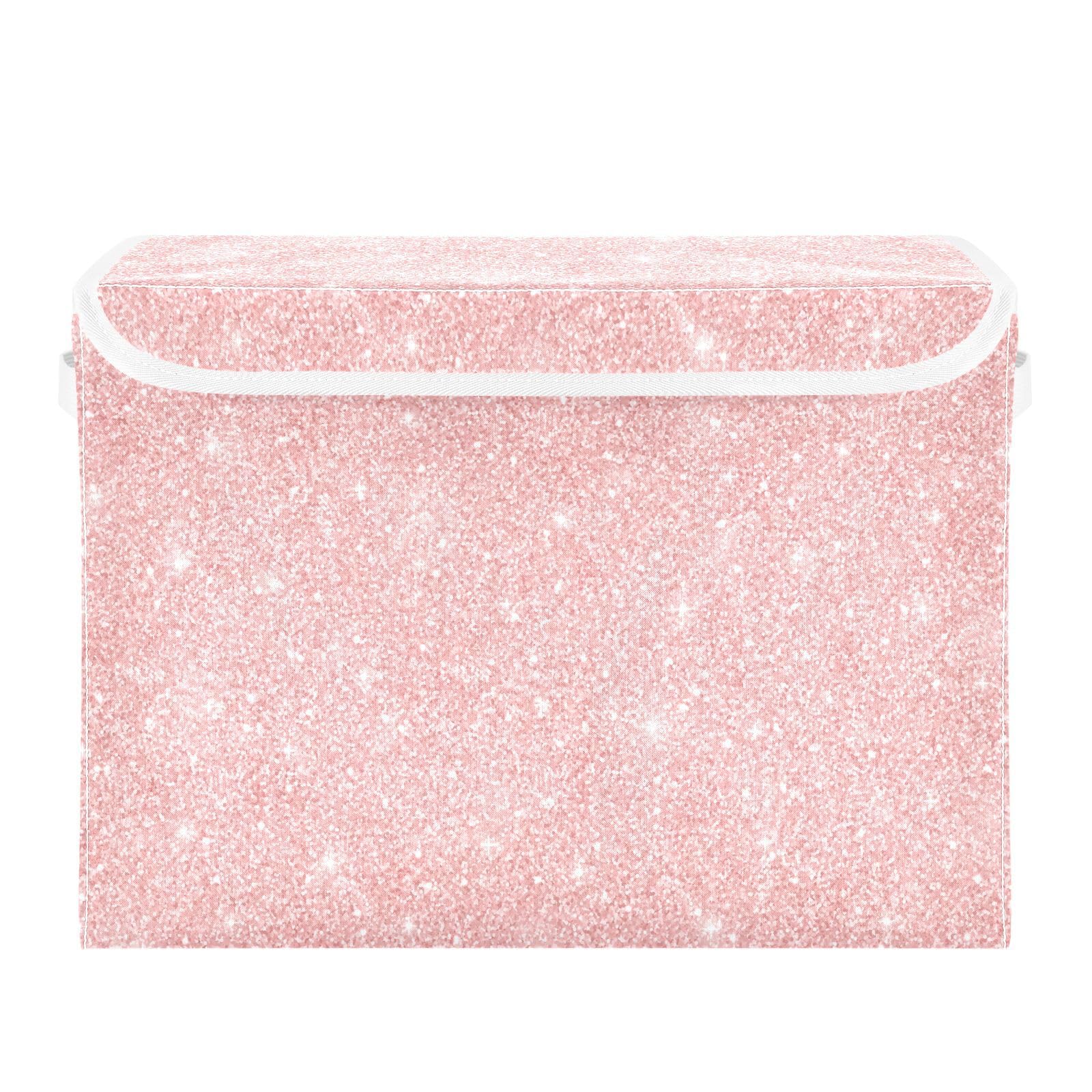 Ollabaky Pink Glitter Larger Foldable Storage Bin Fabric Decorative Storage Box Cube Organizer Container Baskets with Lid Handles for Closet Organization, Shelves