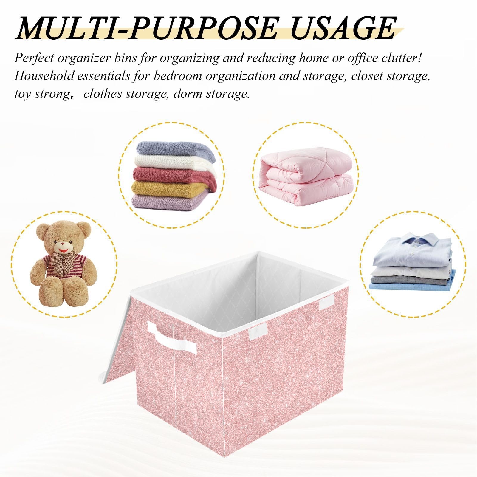 Ollabaky Pink Glitter Larger Foldable Storage Bin Fabric Decorative Storage Box Cube Organizer Container Baskets with Lid Handles for Closet Organization, Shelves