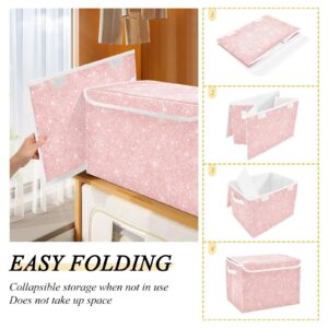 Ollabaky Pink Glitter Larger Foldable Storage Bin Fabric Decorative Storage Box Cube Organizer Container Baskets with Lid Handles for Closet Organization, Shelves