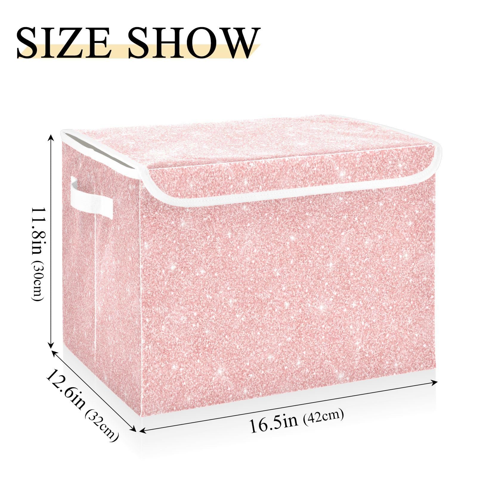 Ollabaky Pink Glitter Larger Foldable Storage Bin Fabric Decorative Storage Box Cube Organizer Container Baskets with Lid Handles for Closet Organization, Shelves