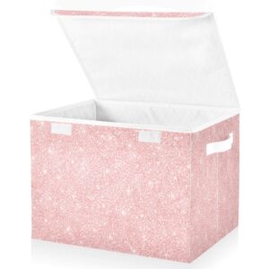 Ollabaky Pink Glitter Larger Foldable Storage Bin Fabric Decorative Storage Box Cube Organizer Container Baskets with Lid Handles for Closet Organization, Shelves