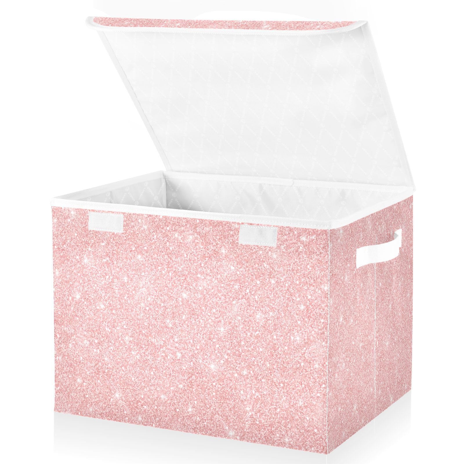 Ollabaky Pink Glitter Larger Foldable Storage Bin Fabric Decorative Storage Box Cube Organizer Container Baskets with Lid Handles for Closet Organization, Shelves