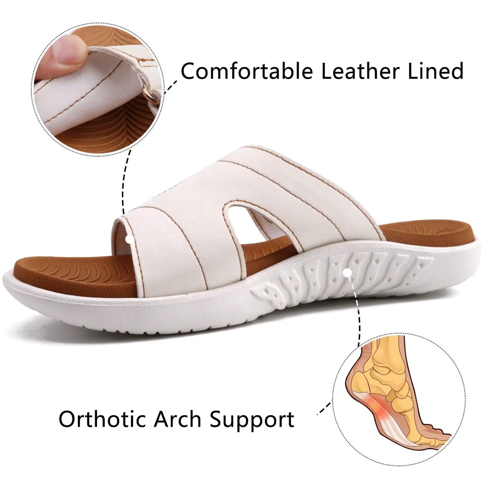 KuaiLu Womens Fashion Orthotic Slides Ladies Lightweight Athletic Sandals Slip On Thick Cushion Slippers Sandals With Comfortable Plantar Fasciitis Arch Support White Khaki 8