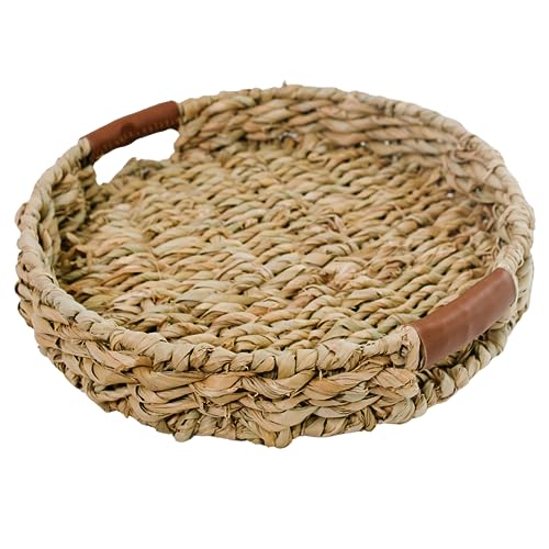 Summit Living Handwoven Round Rattan Tray with Leather Handles – Use as Home Decor or Vegetable and Fruit Organizer Tray – Water Hyacinth Circular Wicker Tray (14" x 14")