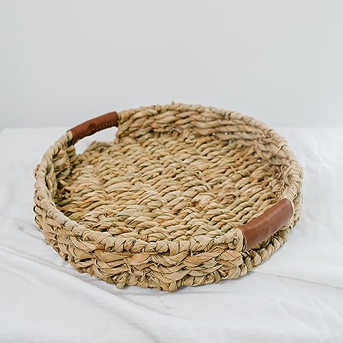 Summit Living Handwoven Round Rattan Tray with Leather Handles – Use as Home Decor or Vegetable and Fruit Organizer Tray – Water Hyacinth Circular Wicker Tray (14" x 14")