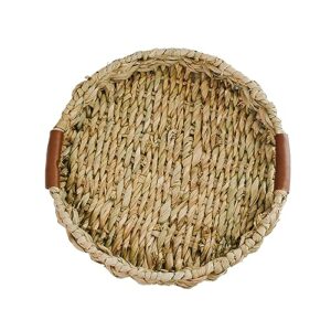 Summit Living Handwoven Round Rattan Tray with Leather Handles – Use as Home Decor or Vegetable and Fruit Organizer Tray – Water Hyacinth Circular Wicker Tray (14" x 14")