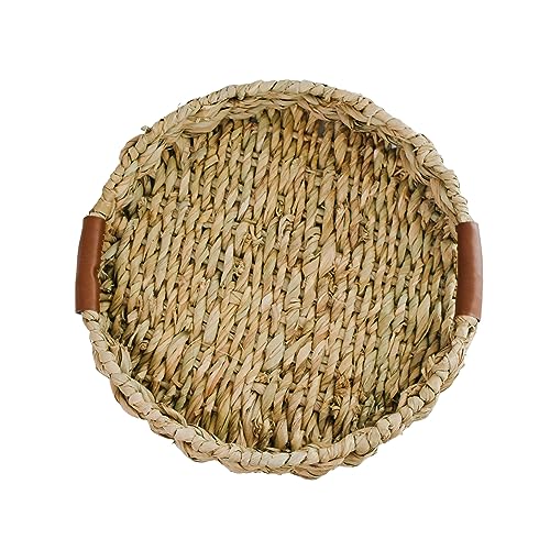 Summit Living Handwoven Round Rattan Tray with Leather Handles – Use as Home Decor or Vegetable and Fruit Organizer Tray – Water Hyacinth Circular Wicker Tray (14" x 14")