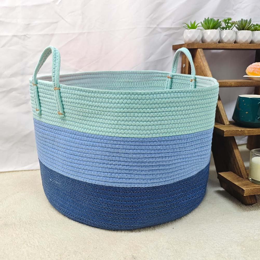 Cotton Rope Basket,Home Three Layers Gradient Blue, 19.7x19.7x13 Inches Large Rope Basket Blanket Basket Living Room