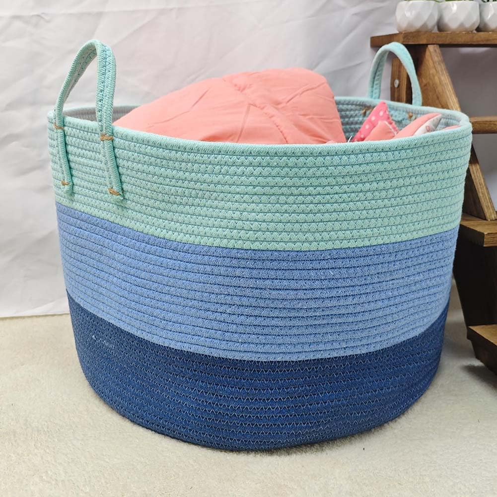 Cotton Rope Basket,Home Three Layers Gradient Blue, 19.7x19.7x13 Inches Large Rope Basket Blanket Basket Living Room