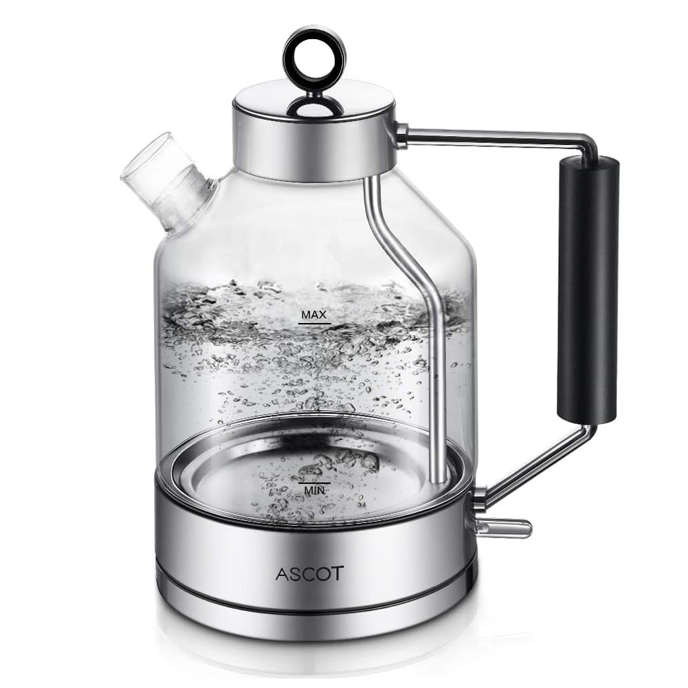 Electric Kettle, ASCOT Electric Tea Kettle 1.5L Glass Electric Kettle, Stainless Steel, BPA-Free, Cordless, Automatic Shutoff, Boil-Dry Protection (Silver)