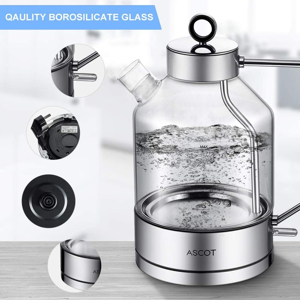 Electric Kettle, ASCOT Electric Tea Kettle 1.5L Glass Electric Kettle, Stainless Steel, BPA-Free, Cordless, Automatic Shutoff, Boil-Dry Protection (Silver)