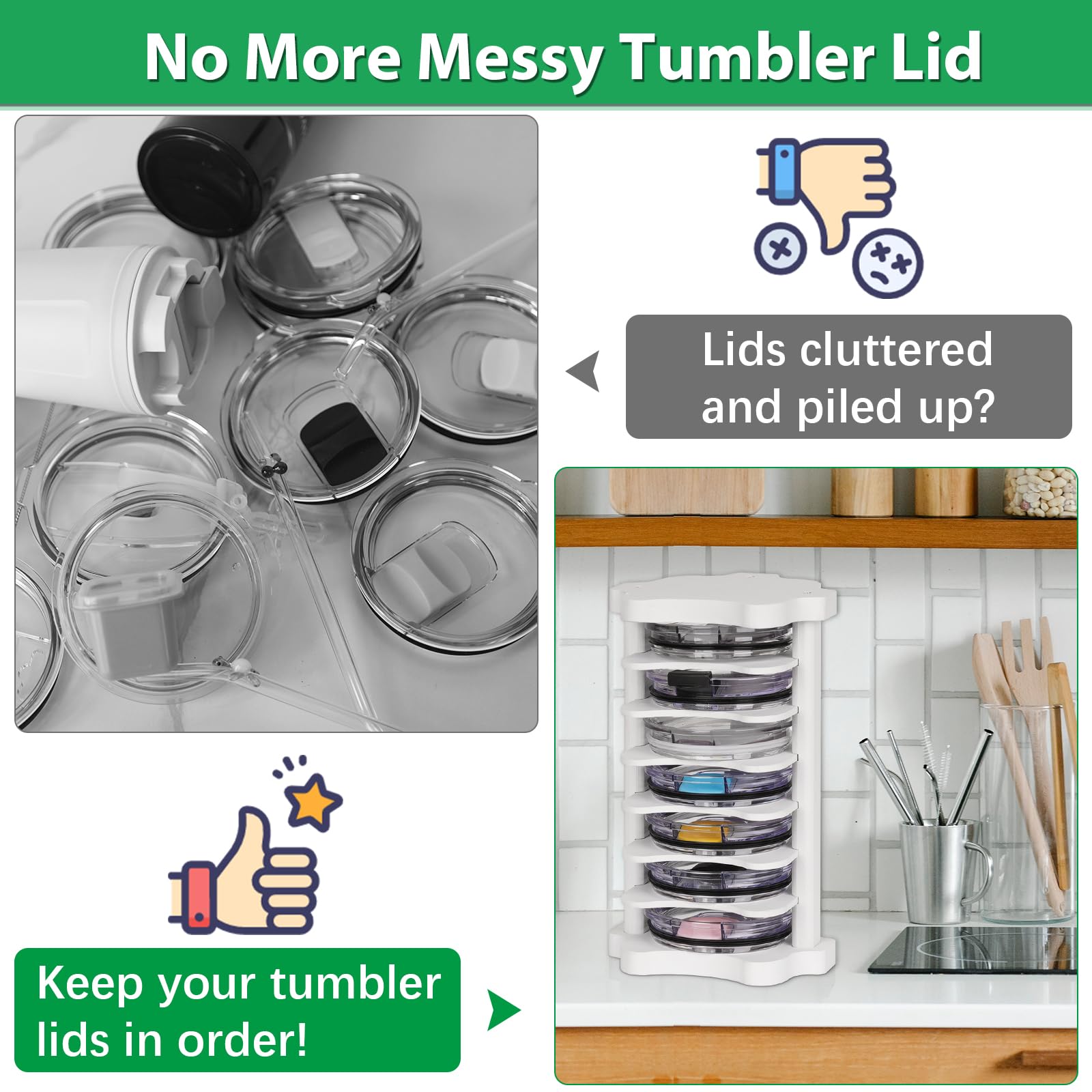 Exttlliy Tumbler Lid Organizer for Cabinet Tumbler Organizer for Kitchen Cabinets Bamboo Cup Lid Organizer for Water Bottles Tumbler Lid Holder Storage Rack for Countertop Cabinets Pantry (White)