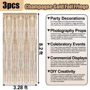 3 Pack Champagne Gold Foil Fringe Curtain Backdrop, 3.28Ft x 8.2Ft Metallic Tinsel Foil Fringe Streamer Curtains for Photo Booth, Valentine's Day， Wedding, Birthday, New Year Party Decorations