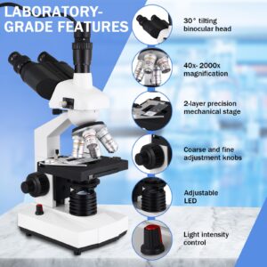 Poothoh Compound Trinocular Microscope, 40X-5000X Magnification, Research Grade Professional Microscope with USB Camera and Mechanical Stage, Microscope for Adults