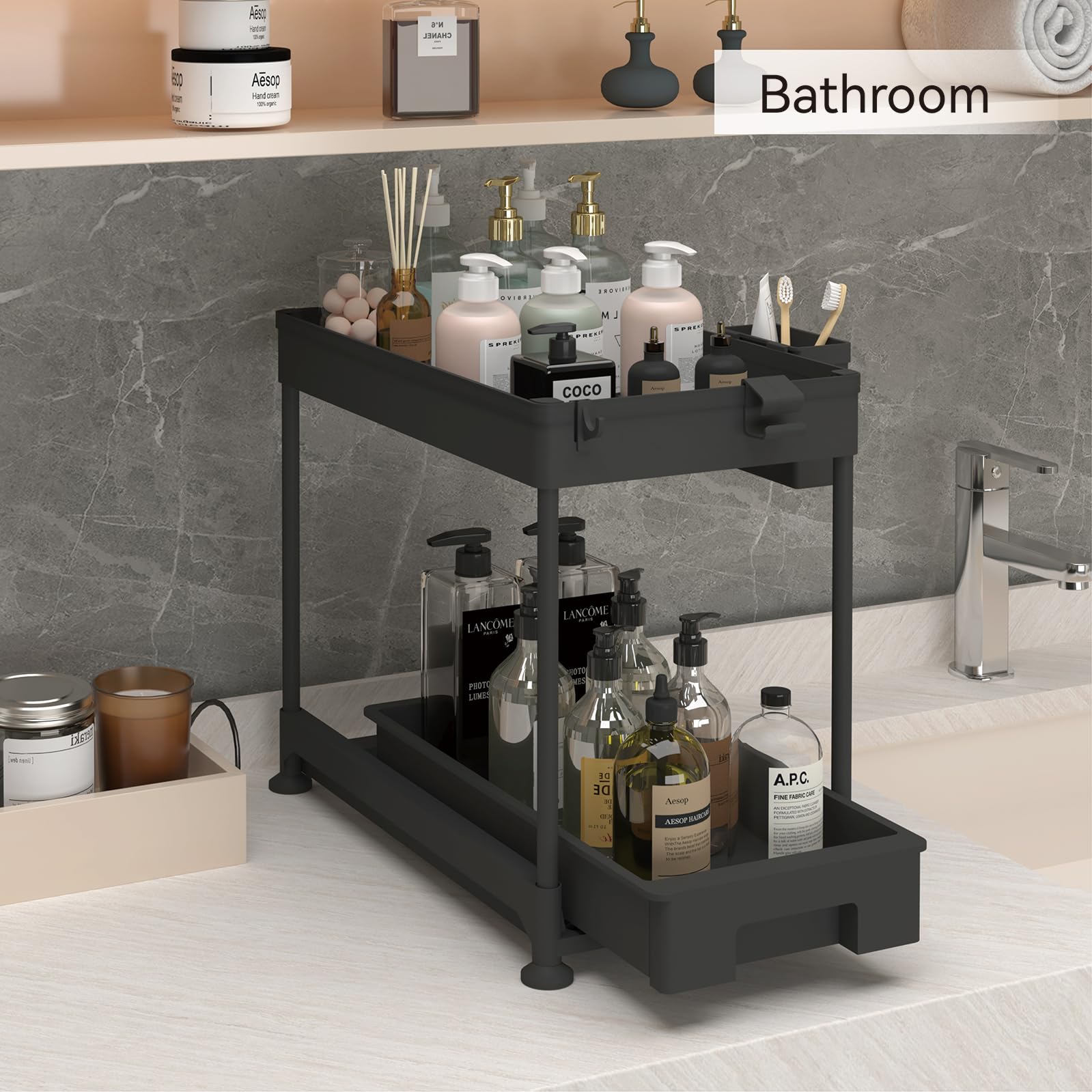 SANHSEHOME 2 Tier Bathroom Organizer Countertop Bathroom Sink Organizer Vanity Storage Organizer Bathroom Vanity Organizer Countertop Bathroom Skincare Organizer Makeup Organizer for Bathroom Black