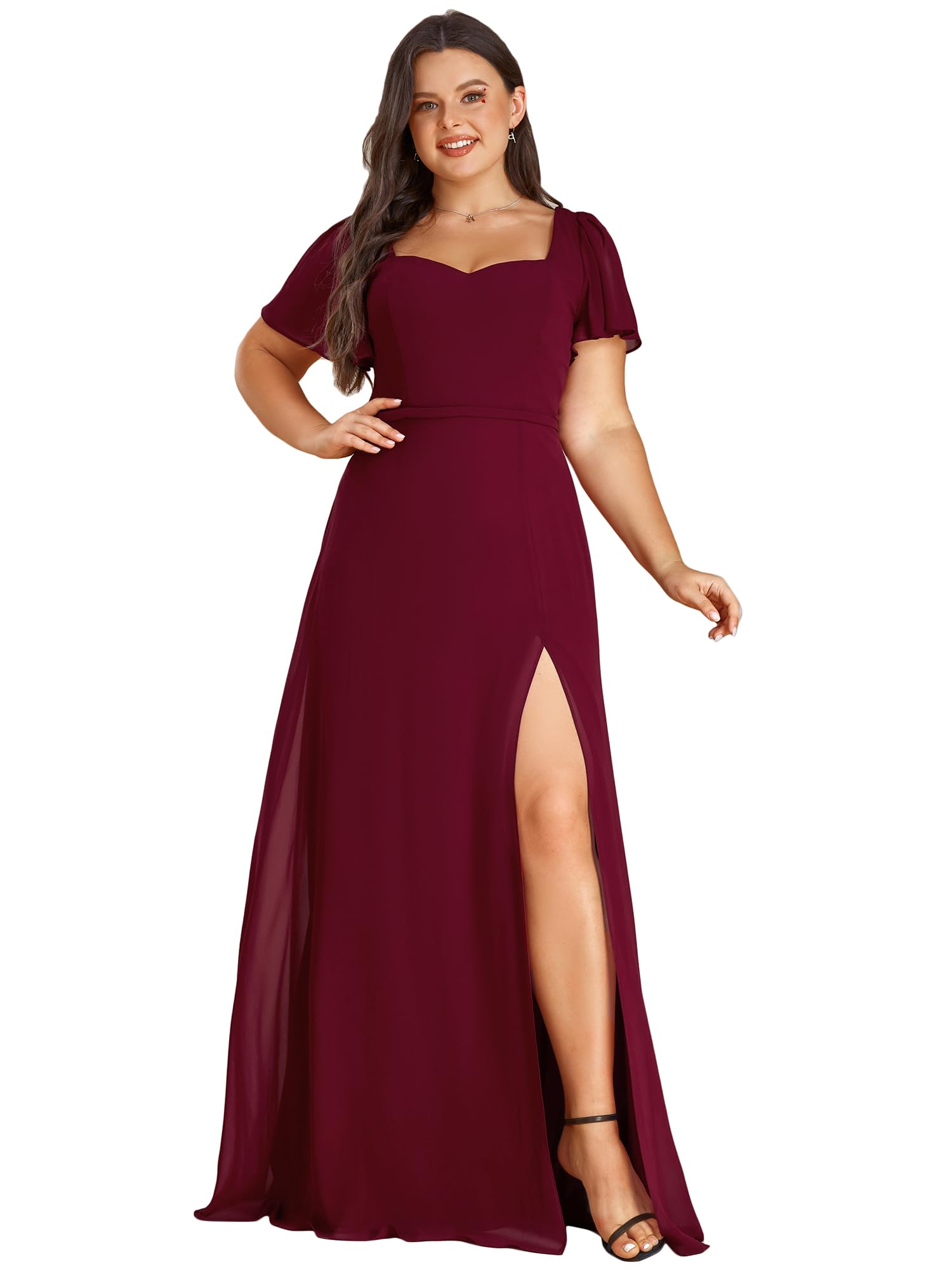 Ever-Pretty Plus Women's Curve Elastic Back Sweetheart High Slit A-Line Maxi Semi Formal Dresses with Sleeves Burgundy US18