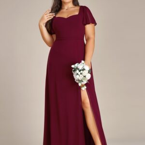 Ever-Pretty Plus Women's Curve Elastic Back Sweetheart High Slit A-Line Maxi Semi Formal Dresses with Sleeves Burgundy US18