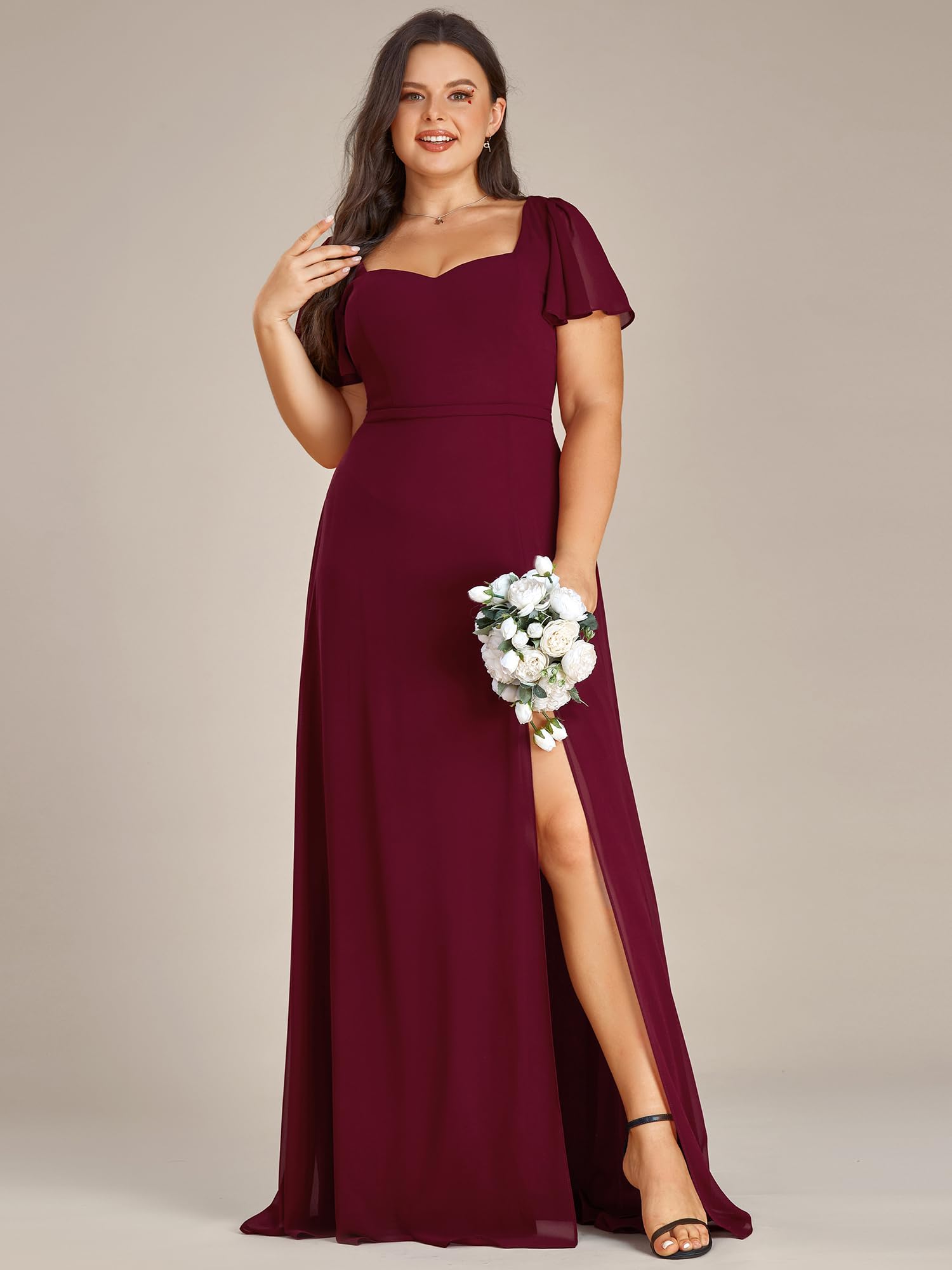 Ever-Pretty Plus Women's Curve Elastic Back Sweetheart High Slit A-Line Maxi Semi Formal Dresses with Sleeves Burgundy US18