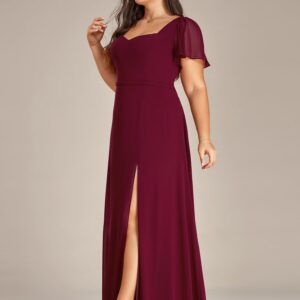 Ever-Pretty Plus Women's Curve Elastic Back Sweetheart High Slit A-Line Maxi Semi Formal Dresses with Sleeves Burgundy US18