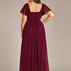 Ever-Pretty Plus Women's Curve Elastic Back Sweetheart High Slit A-Line Maxi Semi Formal Dresses with Sleeves Burgundy US18